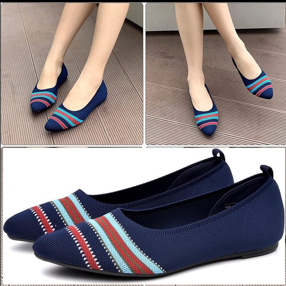 Shoes | Blue Stripe Pointed Toe Knit Texture Ballet Flats New | Poshmark
